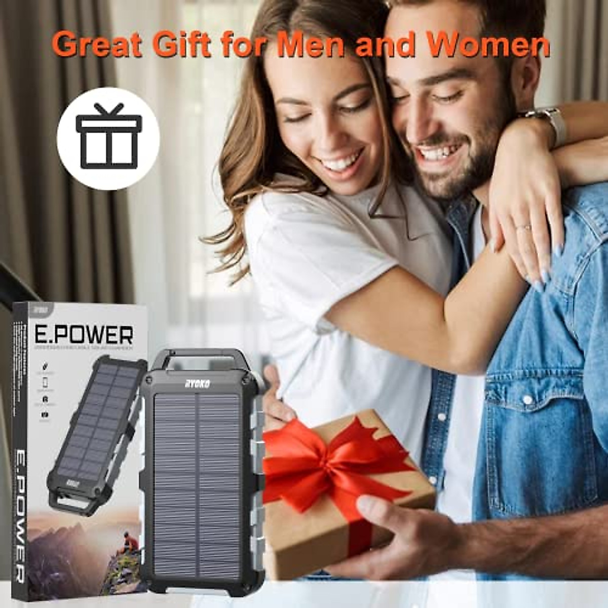 Ryoko Solar Charger Power Bank 20000mAh, Solar Phone Charger with Dual USB 5V Output, 10 LED Flashlights, Waterproof Outdoor Battery Pack for iPhone, Samsung, Switch, Tablet