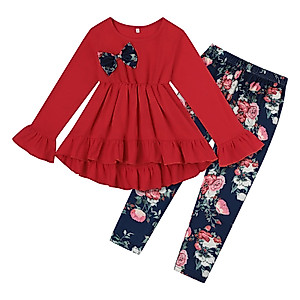 Yoxindax Toddler Kid Girl Clothes Bell sleeves Ruffle High Low Bowknot Solid Top Floral Print Leggings Fall Winter Outfit Set(5-6t)