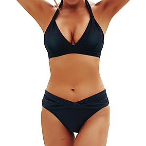 Yonique Women Two Piece Bathing Suits Push Up Bikini Set Halter Swimsuit Vintage Swimwear Black S