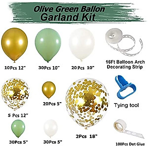 OKAKA 150pcs Olive Green Balloon Garland Arch Kit, Gold Confetti Balloons Sage Green Balloon and Gold Metallic Chrome Latex Balloons Set Wedding Birthday Balloons Baby Shower Decorations (Sage Green)