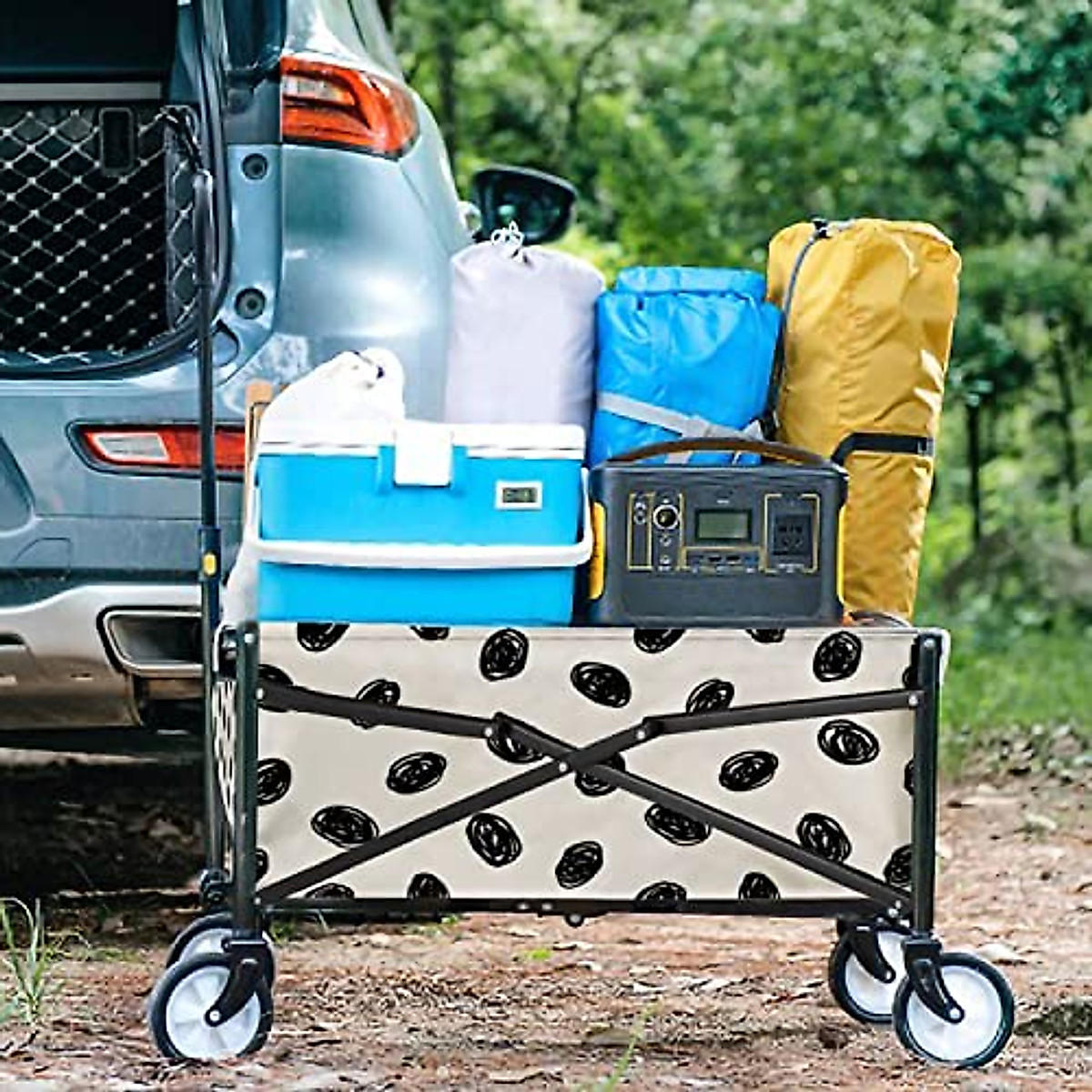 Collapsible Wagon Cart Hipster Polka dot Black and White Abstract with Scribble Circles Hand Foldable Utility Wagon Large Capacity Garden Cart with Push Bar for Beach Camp Outdoor Shopping