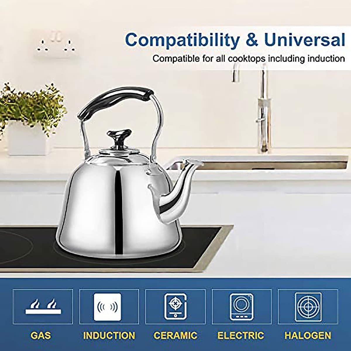 Whistling Stovetop Tea Kettle 2L Food Grade Stainless Steel Teapot, Hot Water Fast to Boil Tea Kettle Stovetop with Wide Mouth, Anti-scalding Handle Teakettle for Gas, Induction, Electric, Tea&Coffee