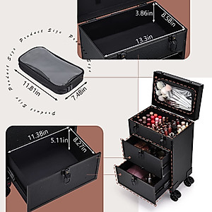 Professional 3 in 1 Rolling Makeup Case Cosmetology Case on Wheels 2 Large Drawer Nail Case Trolley Traveling Cosmetic Train Case with Makeup Pouch for Artists Nail Technician Salon Cart Trunk Black
