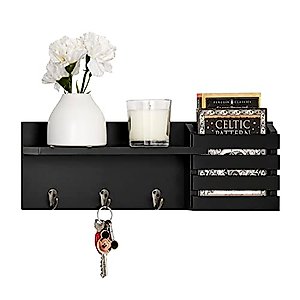 Danya B. Entryway Utility Wall Shelf with Pocket and Hanging Hooks (Black)