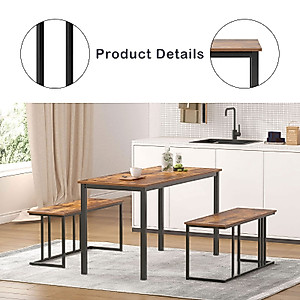 SogesPower 55.1 inches Dining Table Set,3-Pieces Kitcen Table Set for 2 Person Kitchen Breakfast Table Chair Set Pub Table and Chairs Set with 2 Bench Suitable for Kitchen Dining Room,Retro