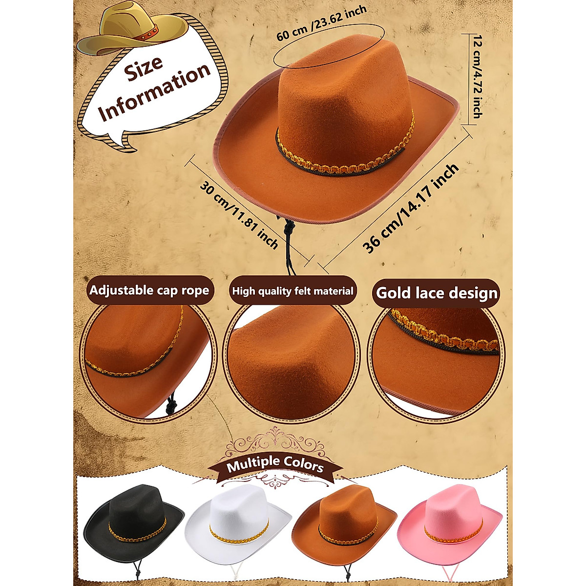SGBETTER 4 Pack Pinch Front Cowboy Hat Novelty Western Cowboy Cowgirl Hat for Adult Halloween Cosplay Dress up Cowboy Theme Party Accessories (Black, Pink, White, Brown)