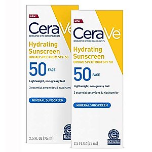 CeraVe 100% Mineral Sunscreen Spf 50 | Face Sunscreen With Zinc oxide & Titanium Dioxide for Sensitive Skin | 2.5 Oz, 2 Pack