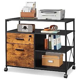 DEVAISE 2 Drawer Lateral File Cabinet with Lock, Mobile Printer Stand with Open Storage Shelf, Wood Filing Cabinet fits A4 Letter Size for Home Office, Rustic Brown