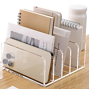 SANRUI Clear Desktop File Organizer, 5 Compartments Acrylic Office Document Sorter Mails Storage, Multifunction Letter Folder Racks Holders for Office,Home, School Desk Organization