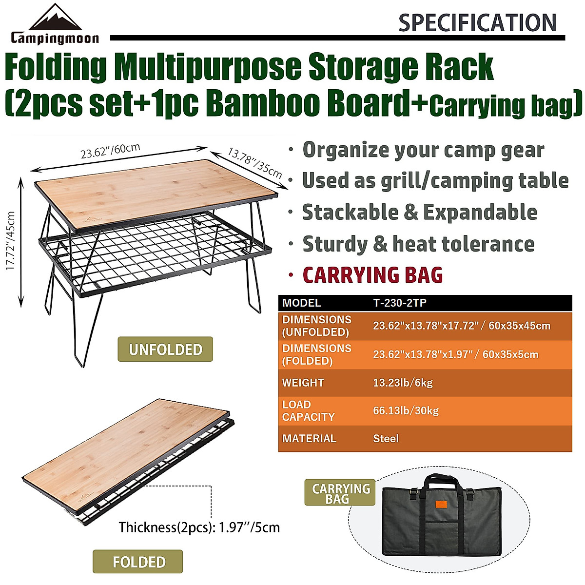 Camping BBQ Grill 2Pcs Outdoor Folding Multipurpose Storage Rack with 1pc removable Bamboo Board, Steel Plating Black T-230-2TP