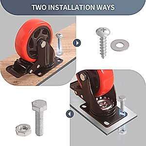 Casters,4 Inch Caster Wheels, Casters Set of 4 Heavy Duty,Red Polyurethane Castors, Safety Dual Locking casters with Brake, Swivel Wheels Industrial Casters for Furniture and Workbench