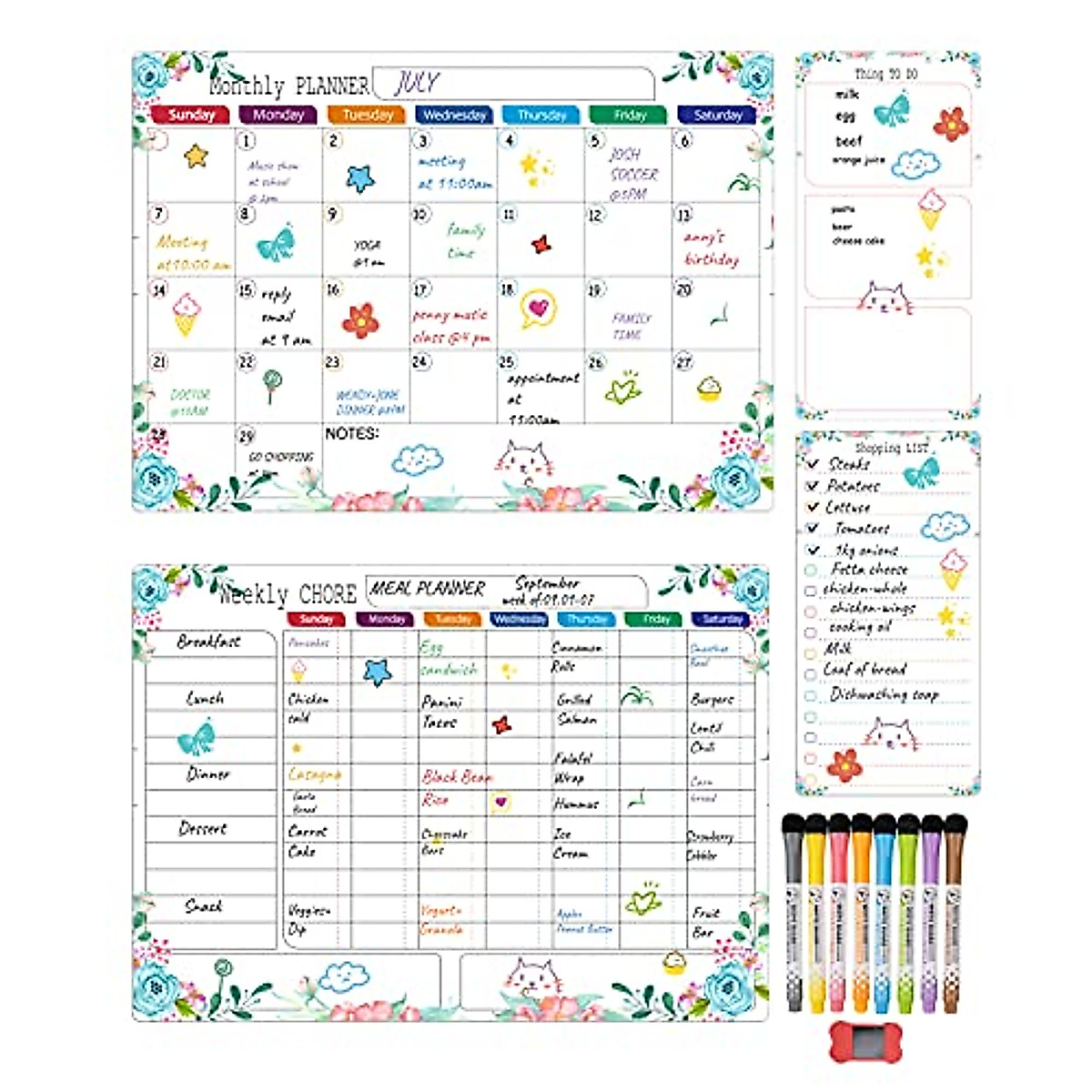 VKOPA Dry Erase Calendar Whiteboard. Set of 4 Magnetic Calendars for Refrigerator, Monthly, Weekly Organizer & Daily Notepad . Planner Board & Fridge Family Calendar. 8 Markers 1 Eraser, White
