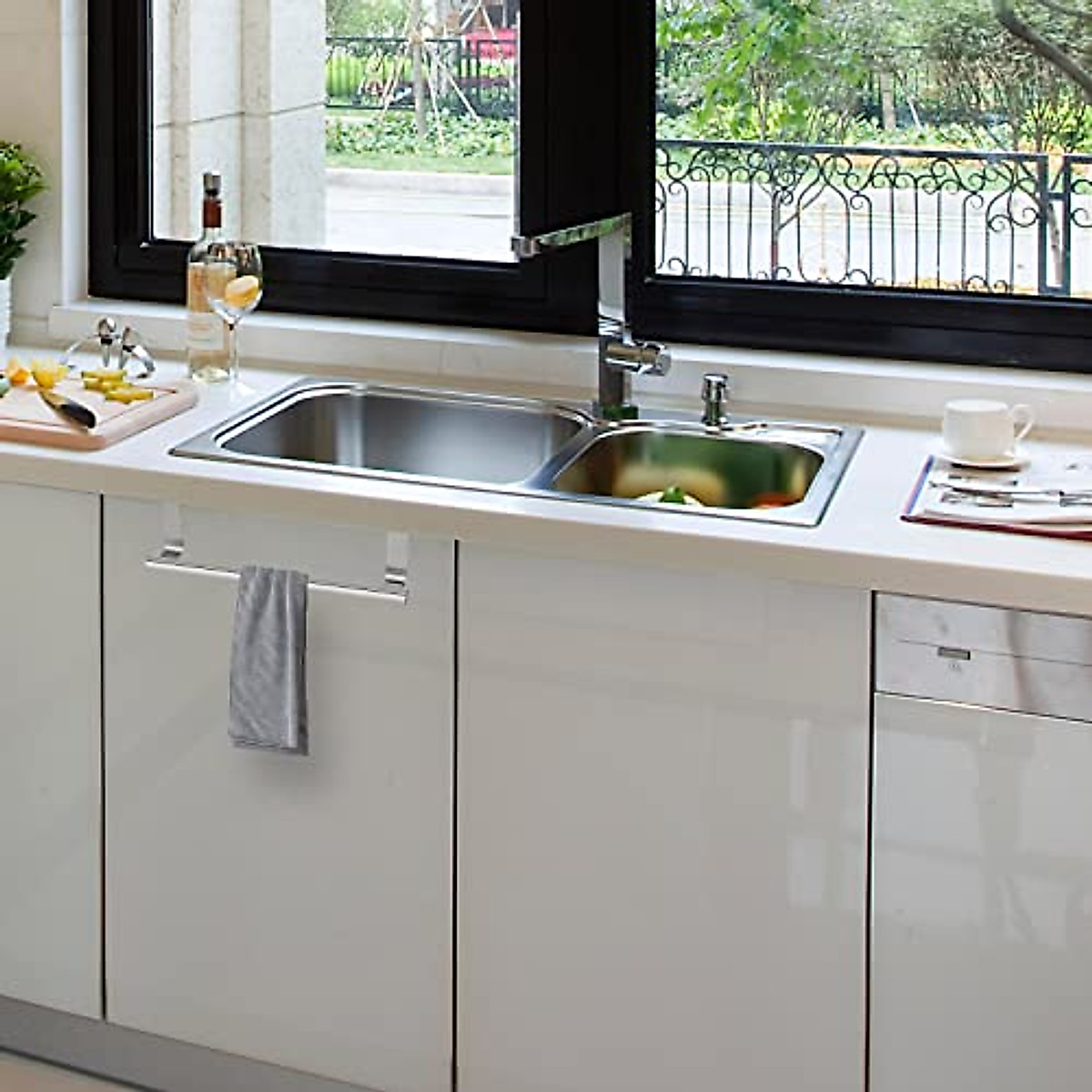 Stainless Steel Over The Door Towel Rack-Towel Holder Hang on Cabinet or Door for Kitchen, Bathroom, Laundry，Office -Holds Hanging Towels, Hand Towels,Dish Towel- 2 Pack (Silver)