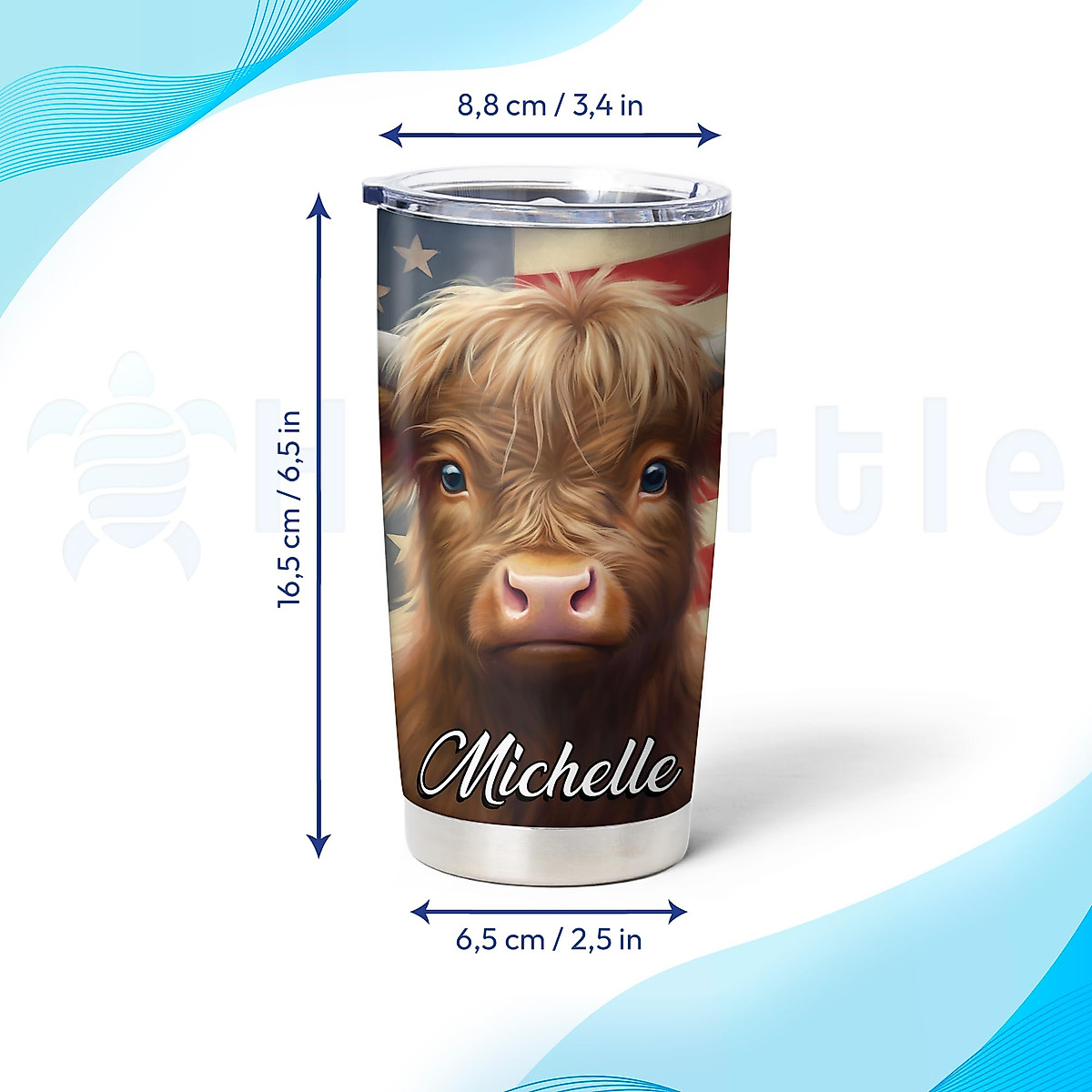 Hyturtle Personalized Gifts For Highland Cow Lover - American Flag Highland Cow Stainless Steel Tumbler 20oz With Lid - Idea Farm Animals Lover Gifts For Women, Girl On Christmas, Independence Day