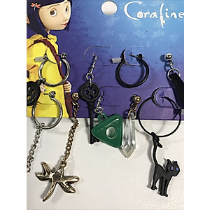 Coraline Key & Seeing Stone Mismatch Earring 9 pc set Licensed, Black