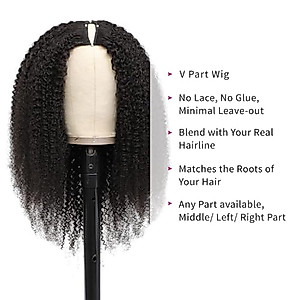 Kiqibeauty V Part Wig Human Hair For Black Women Upgrade U Part Wig Human Hair Kinky Curly Wig 100% Virgin Hair Glueless Wear and Go Wig Minimal Leave Out 200% Density (Kinky Curly, 16 Inch)