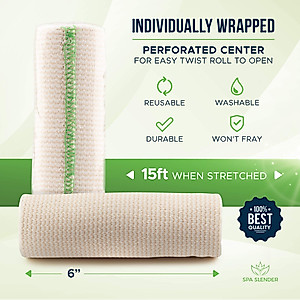 Premium Elastic Bandages | Compression Body Wrap – Self-Closures Both Ends | Washable Cotton Blend | Support Injuries and Sprains | Latex-Free – 6" Wide x 15' When Stretched | by Spa Slender - 10-Pack