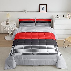 Erosebridal Stripes Duvet Insert for Women, Gray and Black Red Patchwork Striped Bedding Set, Modern Abstract Art Comforter Set Ombre Bright Gray Stripes Quilt Farmhouse Decorations, Queen Size