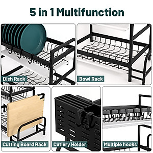 BSEKUJIN Dish Drying Rack,2Tier Dish Racks,Black Dish Drainer with Drainboards,Utensils Holder,Cutting Board Holder for Kitchen Counter