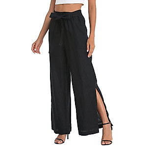 DSODAN Women's Cotton Linen Pants Elastic Waist Wide Leg Trousers with Belt Casual Side Slit Palazzo Pant with Pockets Linen Pants for Women Cargo Pants Women Plus Size Best Gifts New Year