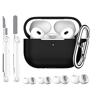 R-fun AirPods Pro 2nd/1st Generation Case Cover with Cleaning kit and 4 Pairs Replacement Ear Tips(XS/S/M/L), Full Protective Silicone for Apple AirPods Pro 2022/2019 Charging Case - Black
