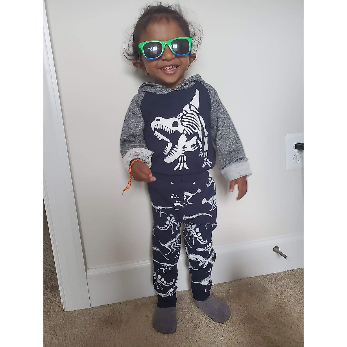 Baby Boys Dinosaur Long Sleeve Hoodie Tops Sweatsuit Pants Winter Outfit Set Gray