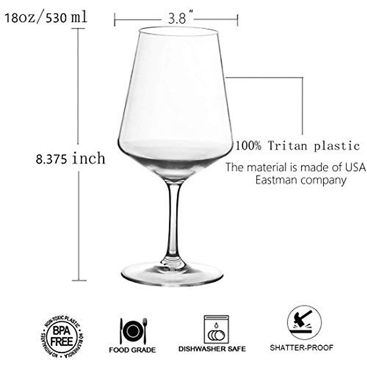 Unbreakable Wine Glasses-Acrylic Plastic Stem Wine Glasses, set of 6-All Purpose,Red or White Wine Glass,Dishwasher Safe,BPA Free (18-ounce)