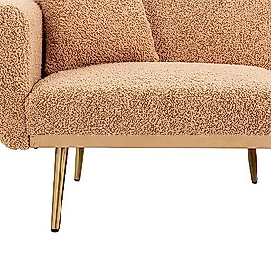 Eafurn Sherpa Teddy Futon Sofa Bed, Modern Boucle Upholstered Comfy Loveseat Couch Sleeper Sofabed with Golden Metal Legs and Throw Pillows, Small Folding Sofa&Couch for Home Office, Camel 65.35"