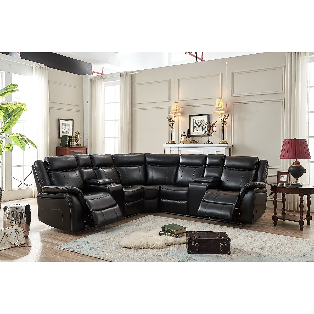 Power Reclining Sectional Sofa Set Faux Leather Recliner Couch with LED Lights/USB Port/Console Storage/Cup Holders Home Theater Sectional Sofa