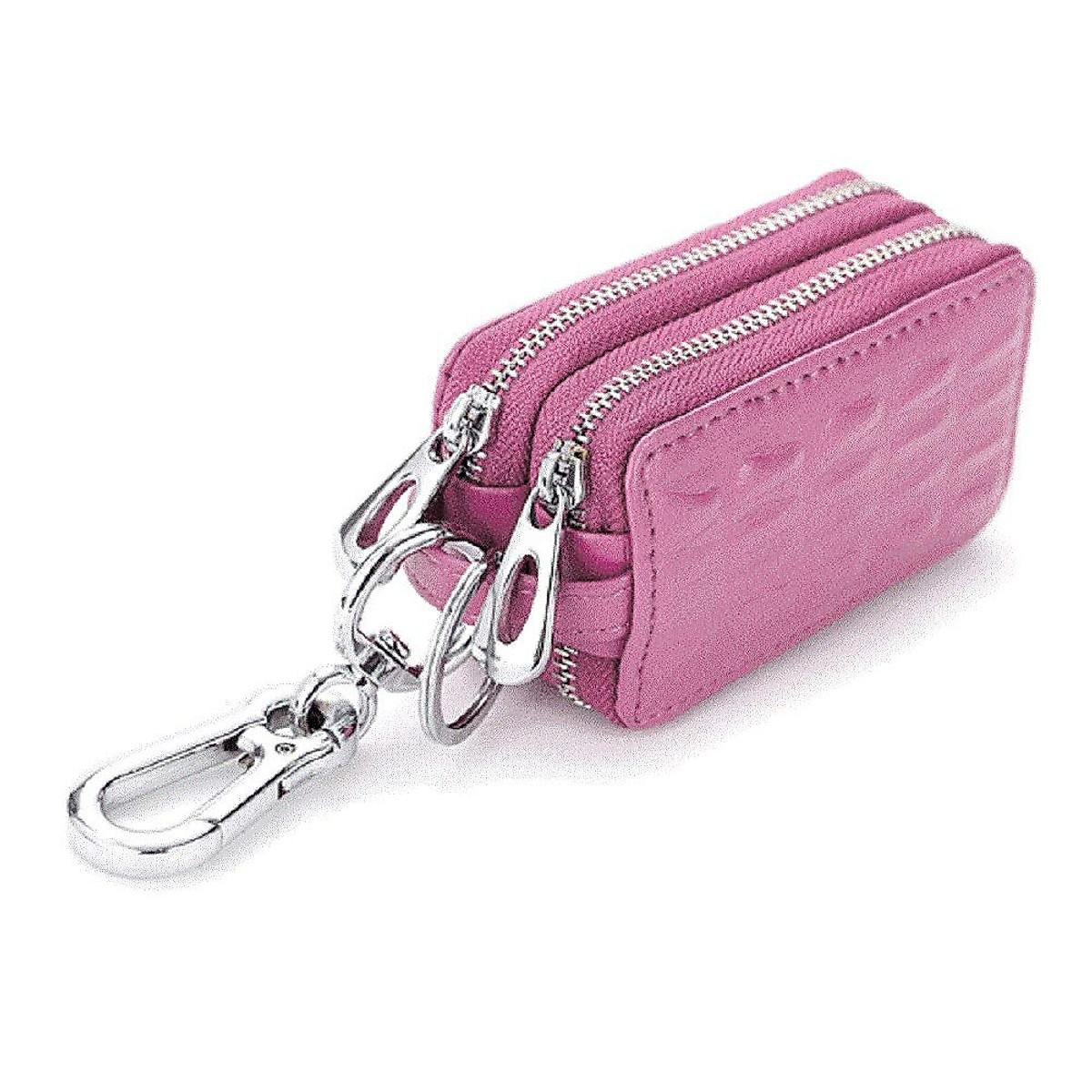 BAKUN Two-Sides Mini Genuine Leather Car Key Chain Holder Wallet Case, Key Holder Key Organizer Wallet(Light Pink)