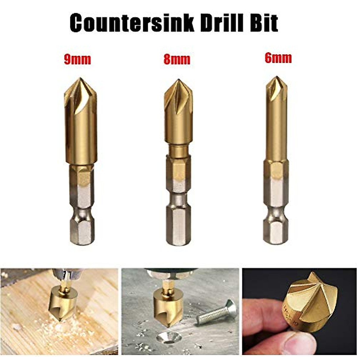 Countersink Drill Bit Set 3 Pcs 1/4'' Hex Shank High Carbon Steel 5 Flute Countersink 90 Degree Center Punch Tool Sets for Wood Quick Change Bits 6mm 8mm 9mm