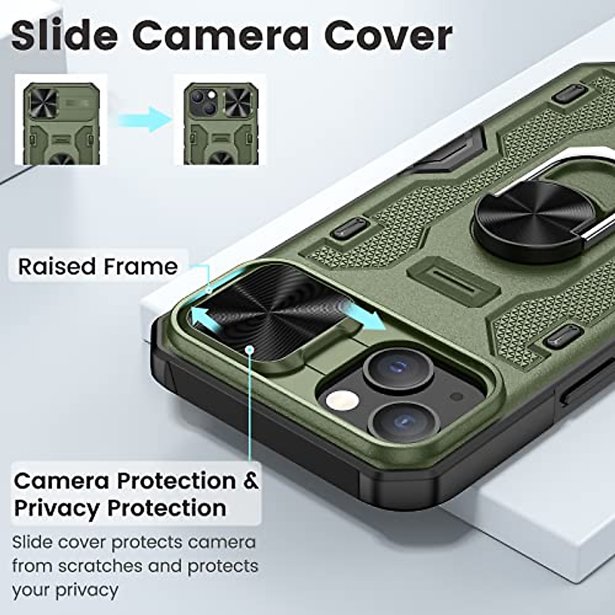 Caka for iPhone 13 Case, iPhone 14 Case with Camera Cover & Kickstand, Built-in 360°Rotate Ring Stand with Camera Lens Protection Magnetic Magnet Protective Phone Case for iPhone 13 iPhone 14-Green