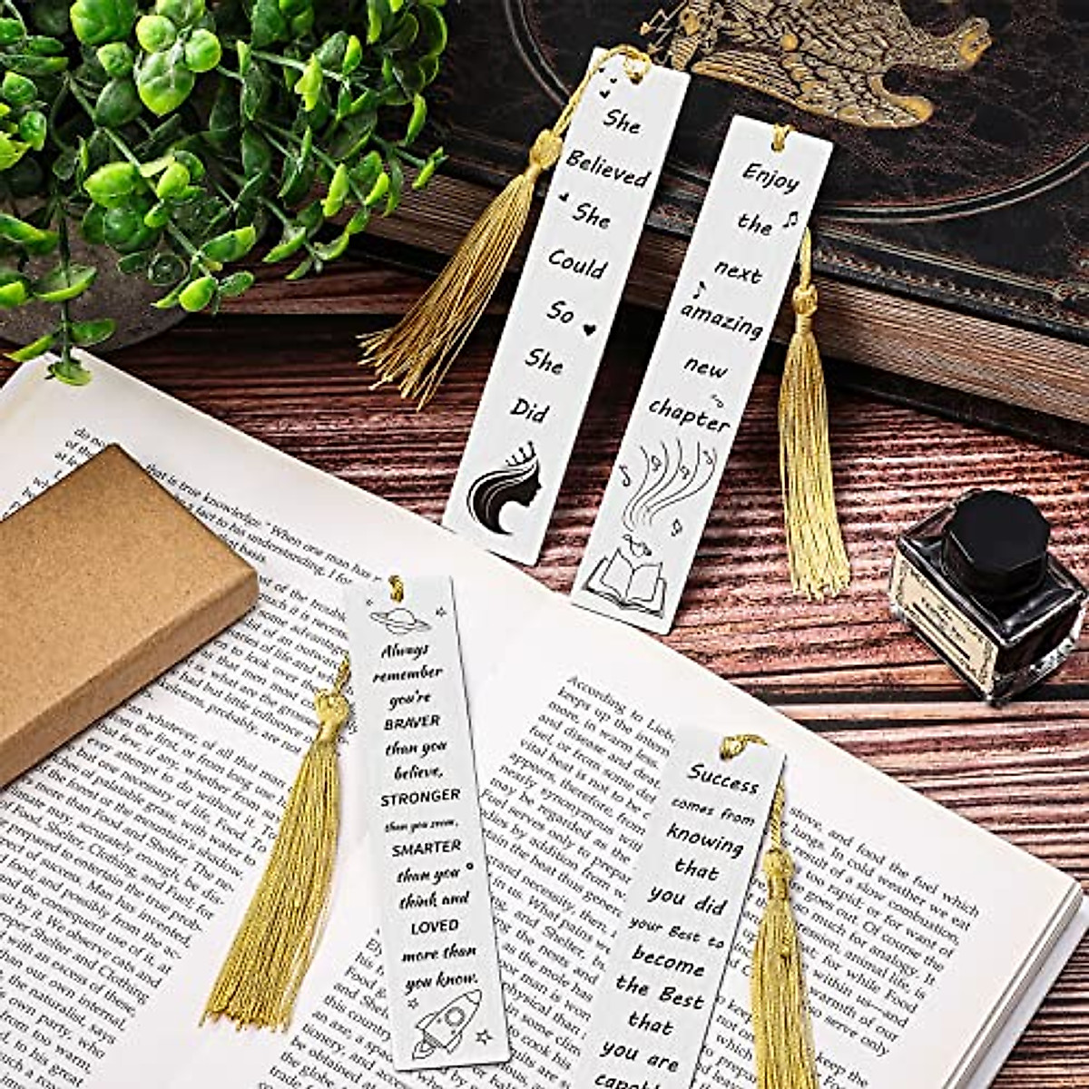 Tallew 4 Pcs Metal Bookmarks Inspirational for Book Lovers Christmas Gifts Graduation Teacher Appreciation Bookmark Thank You Page Marker Teachers Women Birthday(Sweet), Silver