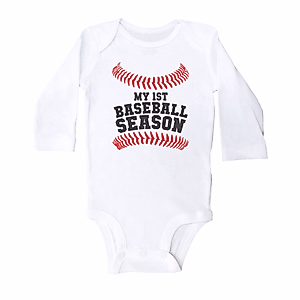 Baffle Custom Baseball Onesie, MY FIRST BASEBALL SEASON (Name & Number on Back), Personalized Baby Onesie, Unisex Onesie (3M, WHITE LONG SLEEVE)