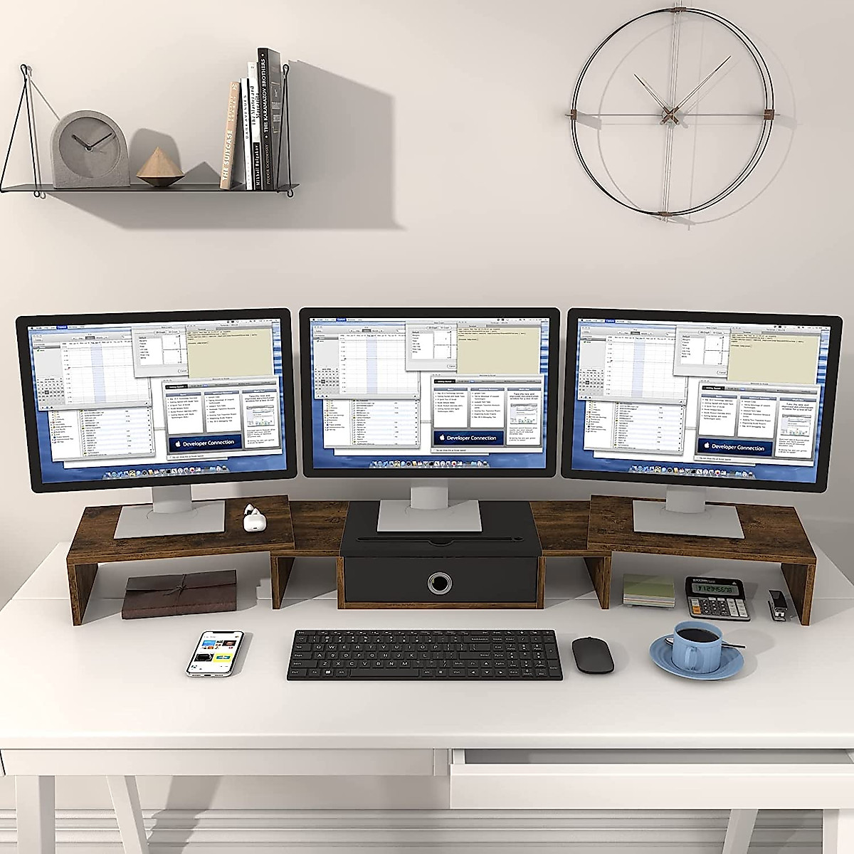 WESTREE Triple Dual Monitor Stand Riser with Drawer,Extra Large Adjustable for 2~3 Monitors,Solt for Phone & Tablet, Desktop Organizer Stand for Computer,Laptop,Printer,TV