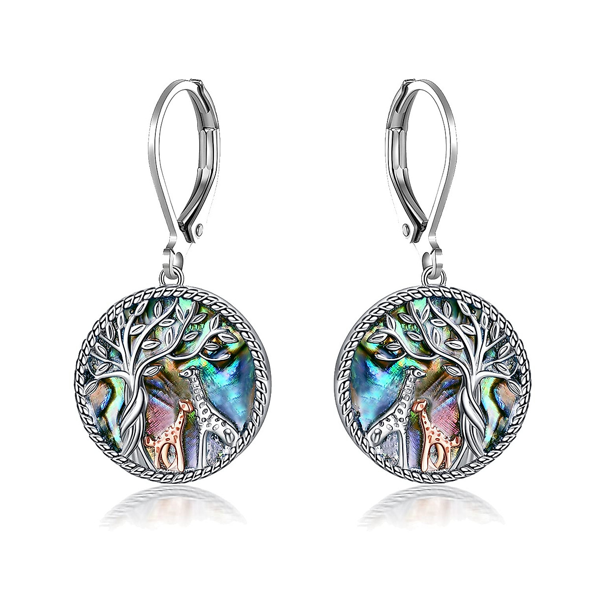 ONEFINITY Giraffe Tree of Life Earrings Sterling Silver Leverback Giraffe Abalone Shell Dangle Drop Earrings for Women Jewelry Gifts