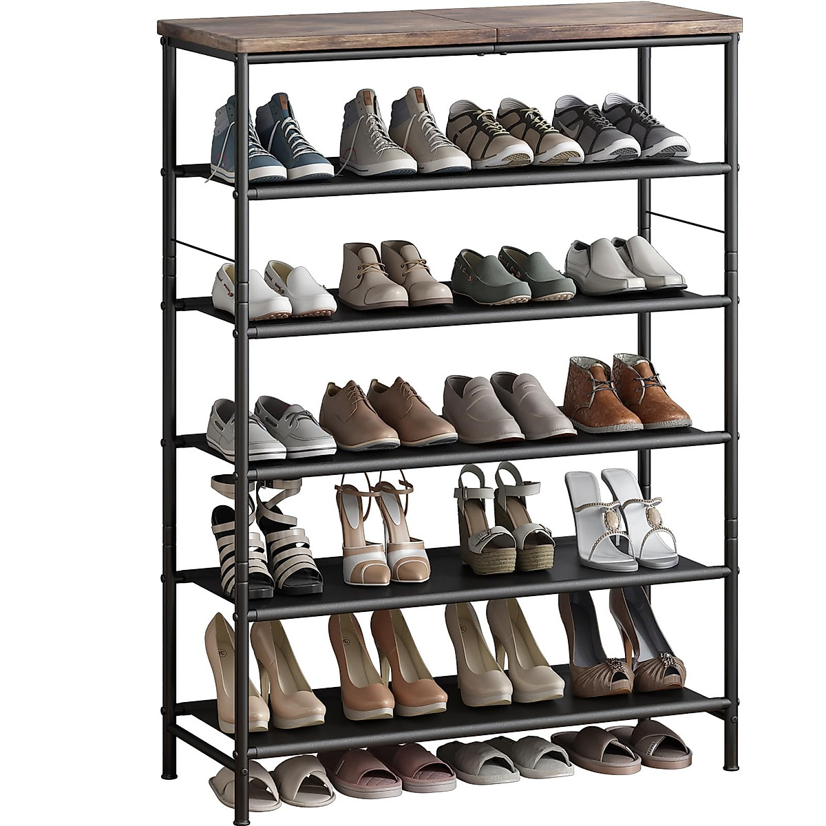 INGIORDAR Shoe Rack Organizer 6 Tier Metal Organizer Shelf with Industrial MDF Board and Layer Fabric for Entryway Closet Bedroom Living Room Garage,Black & Rustic Brown