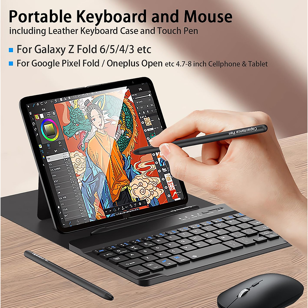 voppton for Samsung Galaxy Z Fold 6 5 4 Keyboard and Mouse, Portable Magnetic Bluetooth Keyboard with Leather Case and Capacitive Pen, Wireless Keyboard Case for Z Fold 6 Accessories,Black