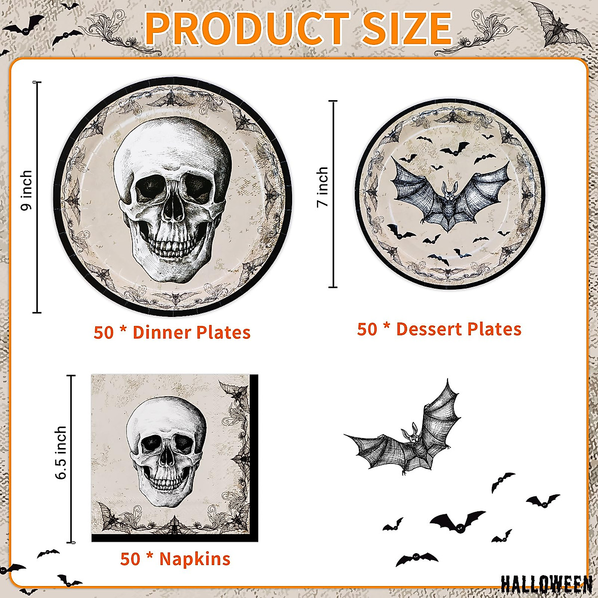DYLIVeS Halloween Party Plates and Napkins Set, 150 Pcs Halloween Skull Bats Tableware for Boys Adult Happy Halloween Party Supplies Disposable Dinnerware Holiday Halloween Decorations, Serve 50