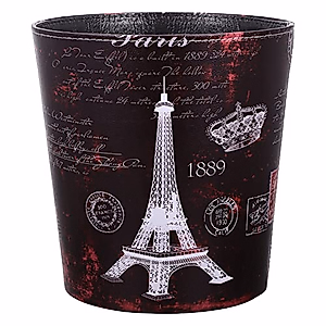 HANABASS PU Leather Trash Can Eiffel Tower Decorative Waterproof Wastebasket Garbage Bin Container Vintage Waste Paper Basket for Home Office Bathroom