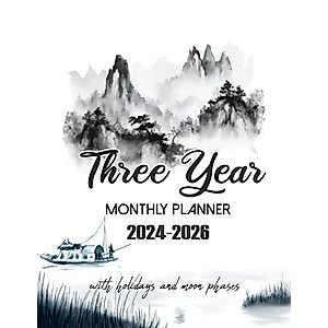 2024-2026 Three year monthly planner: 3 Year Calendar from Jan 2024 to Dec 2026 Agenda Schedule Organizer with holidays and Moon Phases Chinese brush painting