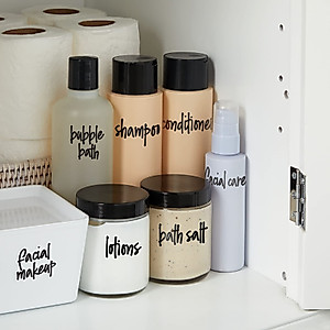 Talented Kitchen 192 Preprinted Bathroom Labels for Containers - Black Script Stickers for Organizer Bins, Bath, Beauty Canisters, and Makeup Storage Organization (Water Resistant)