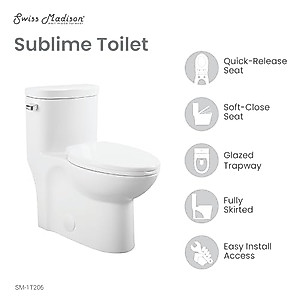 Swiss Madison Well Made Forever SM-1T206 Sublime One Piece Elongated Left Side Flush Handle Toilet 1.28 gpf, Glossy White