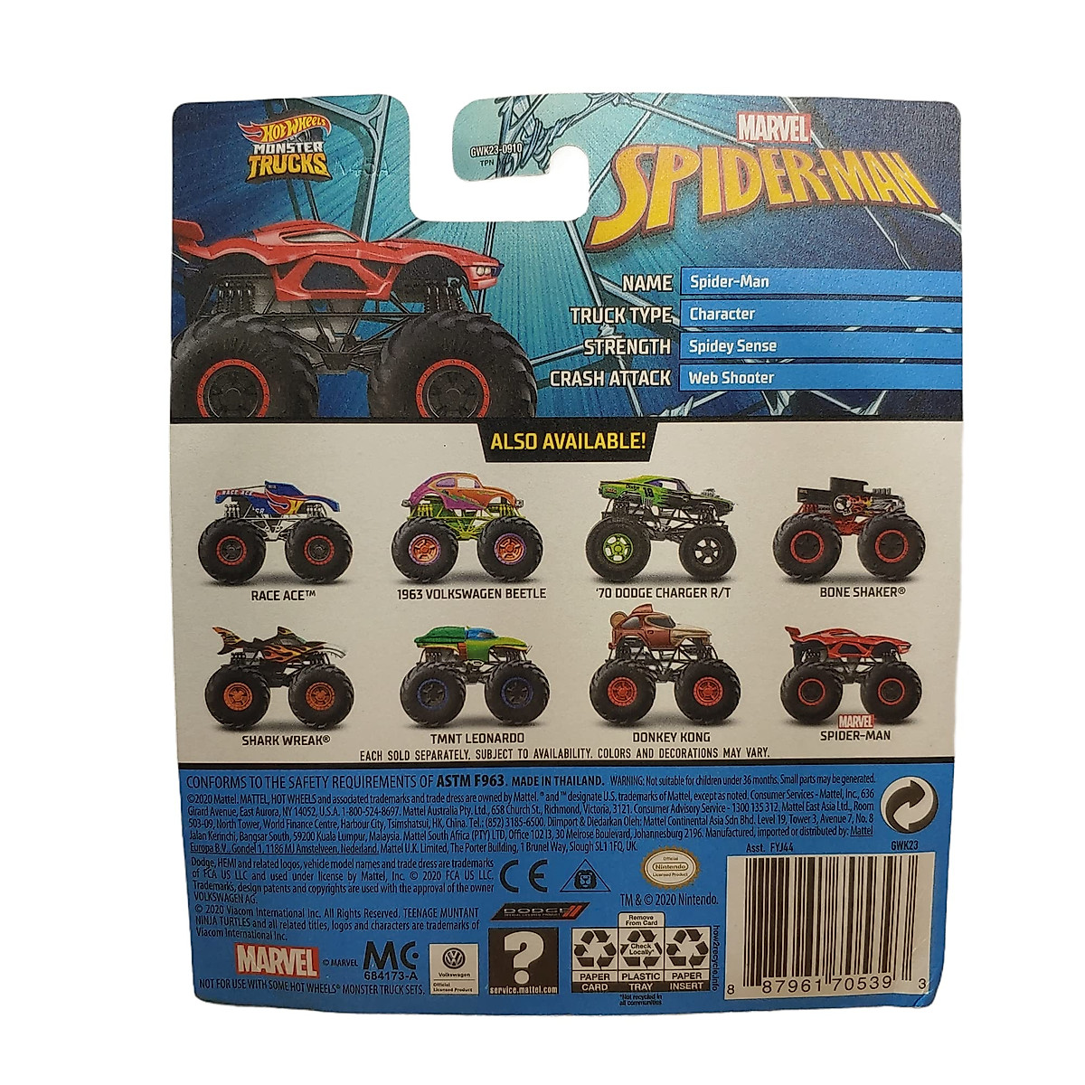 DieCast Hotwheels 2021 Monster Trucks Marvel [Spider-Man] 8/75 with re-Crushable car