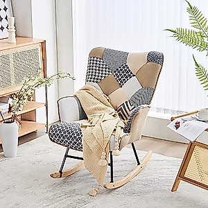 Kosydown Basic Rocking Chair Nursery Glider Rocker Armchair with High Backrest for Living Room Bedroom Offices Upholstered Comfy Colorful Plaid Bohemian Style Chairs Indoor
