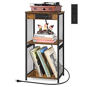 ETELI Record Player Stand with Album Storage Vinyl Record Storage Table with Power Outlet 3 Tier Turntable Stand Industrial Side Table for Living Room Bedroom Office, Brown
