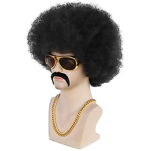 Anogol 5pcs Set (Hair Cap+Glasses+Mustache+Necklace+Wig) Afro Wig Men, 1970s Wig for Men, 70s Wigs for Men, 80s Wigs for Men, Disco Wig for Halloween, Short Curly Black Afro Wigs for Men Party