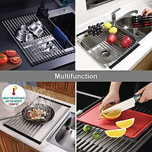 XL Extra Large Expandable Roll Up with Storage Basket 22.8" x 12.7" Over Sink Dish Drying Rack Multi-Purpose Kitchen Rolling Dish Drainer Foldable Stainless Steel Dish Drying Rack for Kitchen