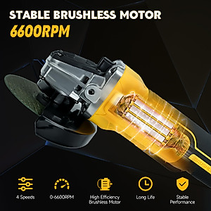 Cordless Angle Grinder for Dewalt 20v Batteries, 6600RPM Brushless Electric Grinder, 4 Variable Speed Metal Grinder for 4.9''Wheels with Adjustable Auxiliary Handle for Cutting, Polishing（No Battery)