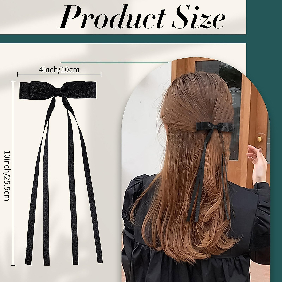 VOBOBE 2PCS Hair Bows for Women Girls, Tassel Ribbon Bowknot Hair Clips Barrettes for Girl with Small Long Tail Solid Satin Hair Accessories (Black-Glitter)